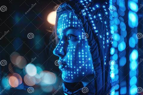 Portrait Of Female Hacker With Led Lights And Digital Code Overlay On