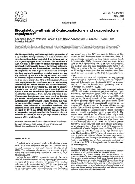 Pdf Biocatalytic Synthesis Of δ Gluconolactone And ε Caprolactone Copolymers