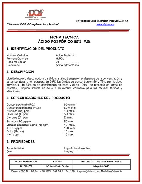 Acido Fosforico F Ficha Tecnica Distribuidora De QuÍmicos