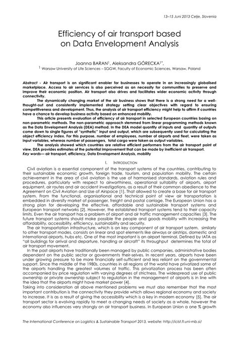 Pdf Efficiency Of Air Transport Based On Data Envelopment Analysis