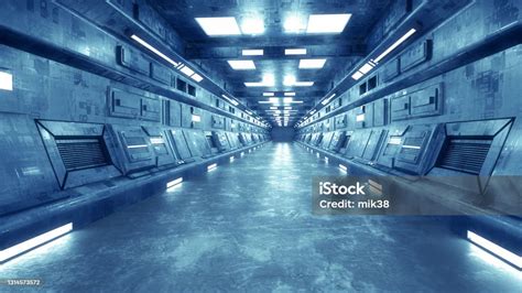 3d 렌더링 미래지향적인 복도 현대 건축과 내부 우주선의 개념 우주선에 대한 스톡 사진 및 기타 이미지 우주선 실내 내부