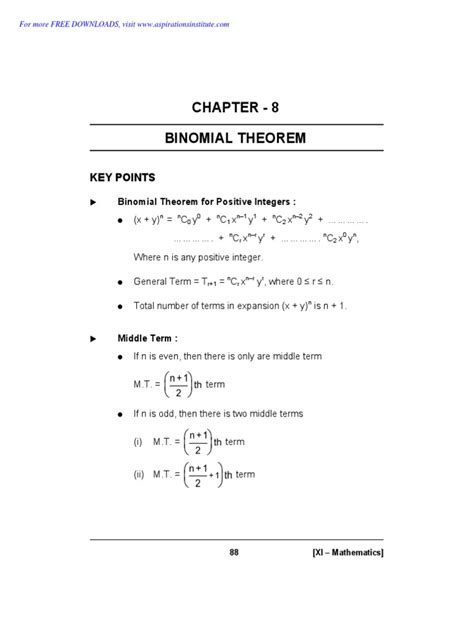 11 Maths Binomial Theorem Notes Assignments Pdf Complex Analysis