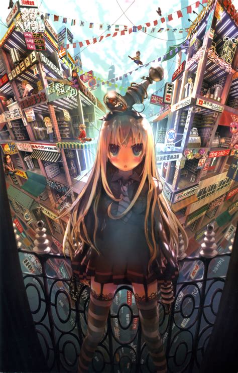 Safebooru Blonde Hair Blue Eyes Blush Broom City Cloud Clouds Dress