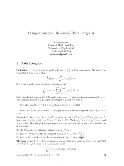 Complex Analysis Handout 7 Path Integrals Pdf Mathematical Analysis