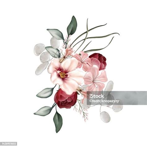 모란 장미 및 유칼립투스 잎이있는 우아한 꽃다발 개화기에 대한 스톡 벡터 아트 및 기타 이미지 개화기 겨울 결혼식