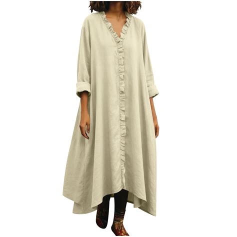 Frsasu Womens Cotton Linen Maxi Dress Long Sleeve Ruffle Trim V Neck