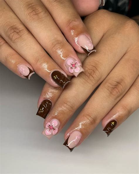 3d Pink And Brown Floral Square Nails Fall Nail Ideas 2024 Brown