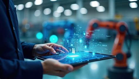 engineer using tablet with augmented reality software controls robotic arm in smart factory