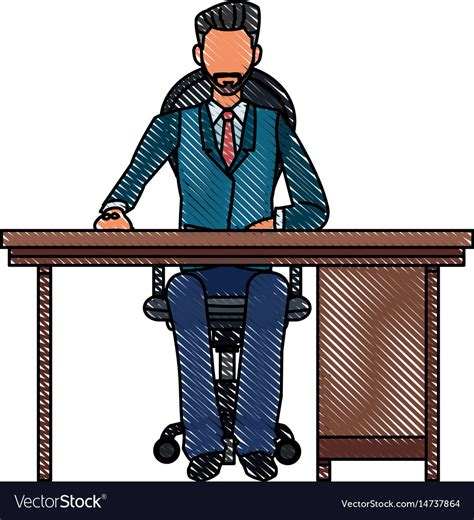 Drawing Business Man Sitting Desk Working Vector Image