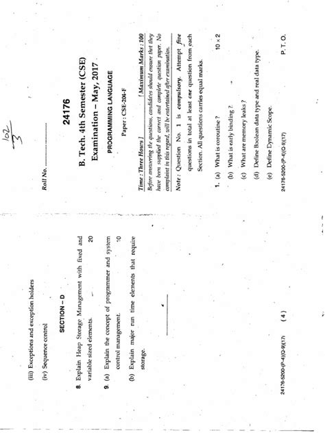 Btech Cse 4th Sem May 2017 Programming Language 24176 Pdf
