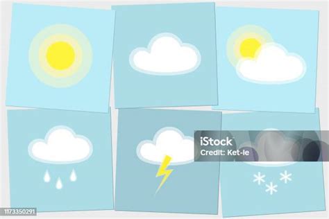 날씨 일 아이콘 태양 구름 비 번개 눈 간단한 고립 된 파란색 배경 아이콘 기호 맑은 흐린 비오는 날씨 세트 플랫 디자인 요소 Meteo 날씨 아이콘 벡터 벽지 응용