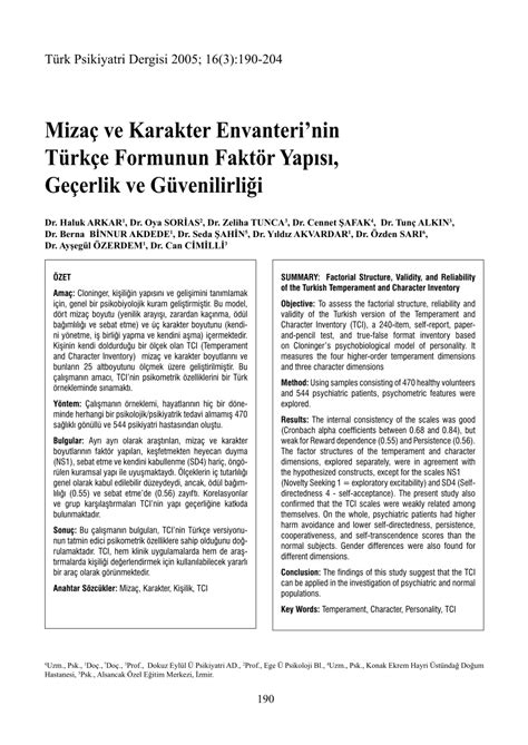 Pdf Factorial Structure Validity And Reliability Of The Turkish Temperament And Character