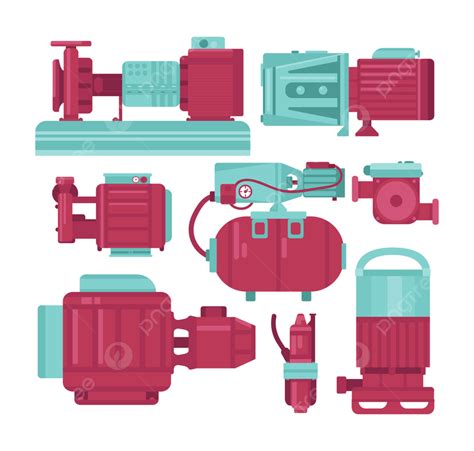 Water Pumps With Electric Motor Flat Vector Illustrations Set, Steel ...