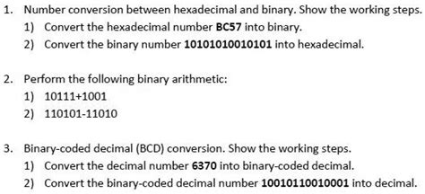 number conversion between hexadecimal and binary show the working