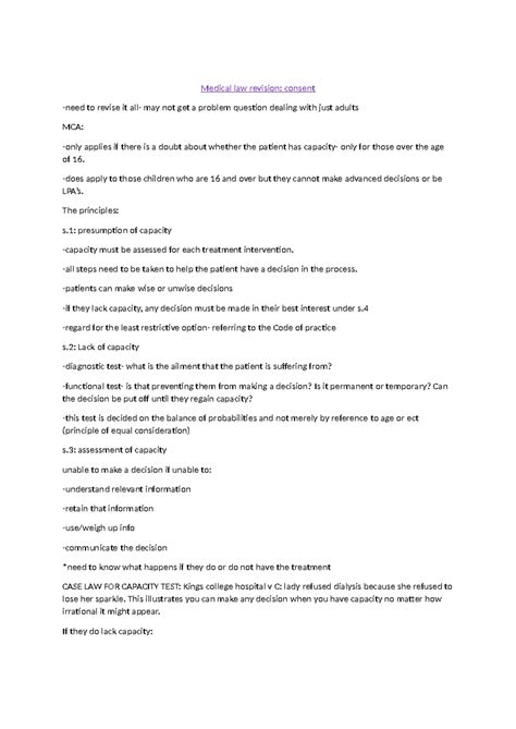 Revision Lecture Notes Medical Law Revision Consent Need To Revise