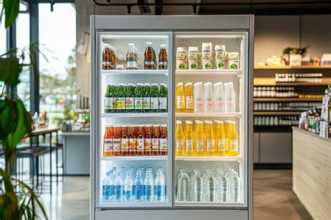 Refrigerator Filled Variety Drinks Including Water Juice Soda Stock