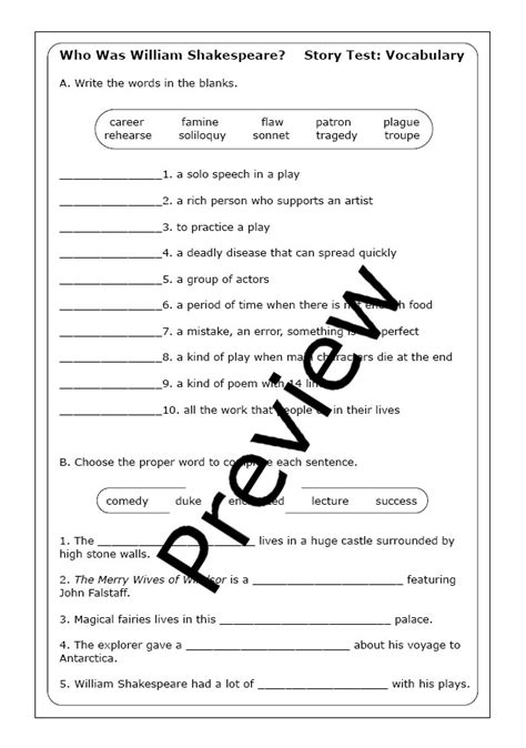 Celeste Davidson Mannis Who Was William Shakespeare Worksheets