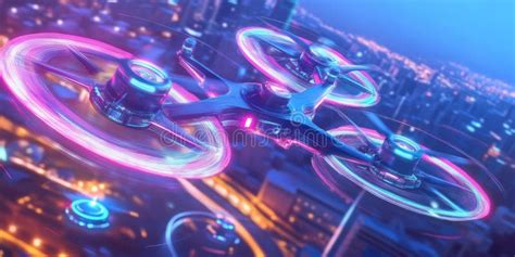 A Futuristic Ai Powered Urban Air Mobility Network Featuring Glowing Cybernetic Autonomous