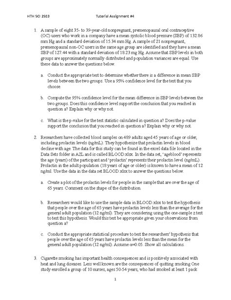 Tutorial Assign 4 1 2 Samp Hypoth Tests 1 Hth Sci 2s03 Tutorial