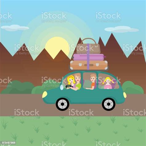 자연 차 가족 여행입니다 아버지 어머니 아들십 대와 작은 딸 여행에 이동 합니다 만화 스타일의 일러스트입니다 평면 디자인입니다