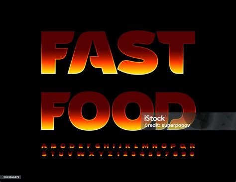 벡터 기호 패스트 푸드 와 연소 효과 불꽃 알파벳 문자와 숫자 세트 건강에 좋지 않은 음식에 대한 스톡 벡터 아트 및 기타 이미지 건강에 좋지 않은 음식 고급 광고