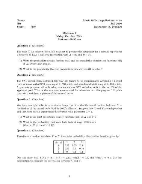 Midterm Exam For Applied Statistics I Math 3070 Docsity