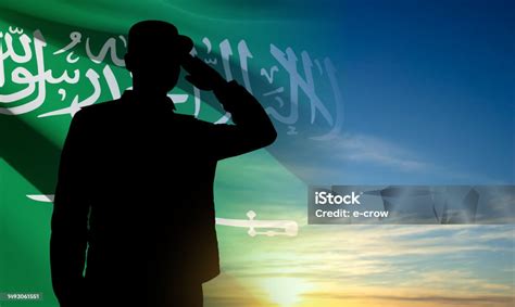 하늘과 사우디 아라비아 국기에 경의를 표하는 군인의 실루엣 경찰관에 대한 스톡 벡터 아트 및 기타 이미지 경찰관 신병 Armed Forces Day Istock