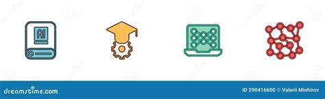 Set Artificial Intelligence AI Graduation Cap Neural Network And Icon Vector Stock