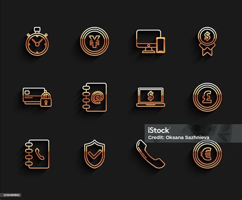세트 라인 주소록 체크 표시가있는 방패 스톱워치 전화 핸드셋 동전 돈 유로 기호 파운드 스털링 및 노트북 달러 아이콘 벡터 검은