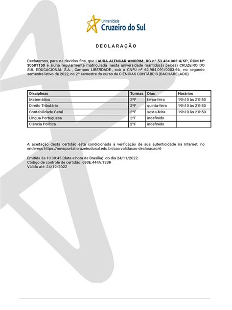 Declaração De Matrícula De Laura Alencar Amorim No Curso De Ciências