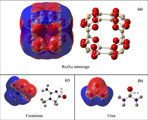 optimized structure and mep plot of a b24o24 nanocage b urea and c