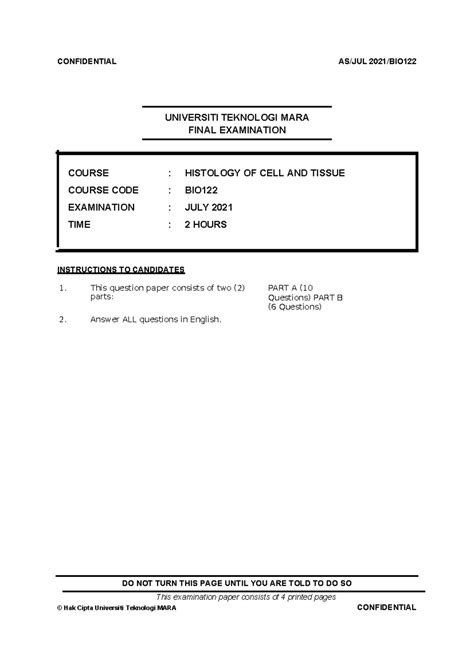 Bio122 July 2021 Course Histology Of Cell And Tissue Course Code Bio Examination