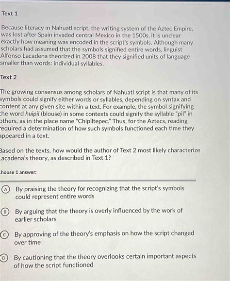 Solved Text 1 Because Literacy In Nahuatl Script The Writing System Of The Aztec Empire Was