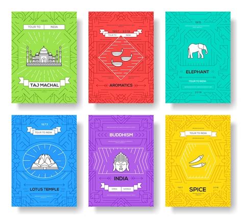 인도 벡터 브로셔 카드 얇은 라인 세트 Flyear 책 표지 배너의 국가 여행 템플릿 프리미엄 벡터
