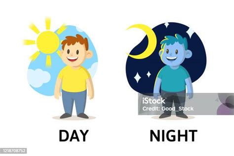 만화 캐릭터와 단어 낮과 밤 플래시 카드 반대 형용사 설명 카드 흰색 배경에 격리된 플랫 벡터 그림입니다 가공의 인물에 대한 스톡 벡터 아트 및 기타 이미지 Istock