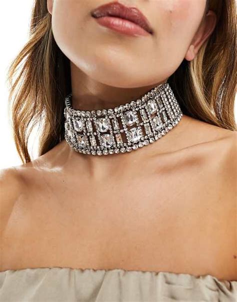Asos Design Limited Edition Choker Necklace With Wide Crystal Design In