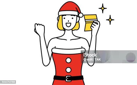 은행장을 보고 기뻐하는 산타클로스 옷을 입은 여성의 간단한 선 그리기 그림 12월에 대한 스톡 벡터 아트 및 기타 이미지