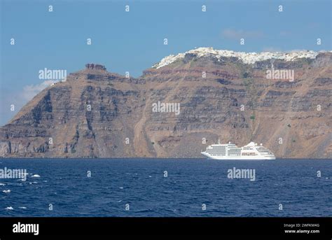Santorini The Cliffs Of Calera With The Cruises Withe The Imerovigli And Skaros In The