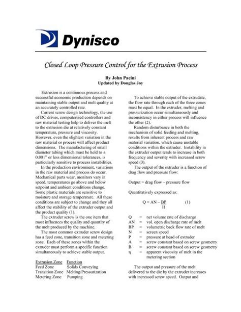 Closed Loop Pressure Control For The Extrusion Process