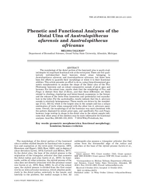 Pdf Phenetic And Functional Analyses Of The Distal Ulna Of Australopithecus Afarensis And