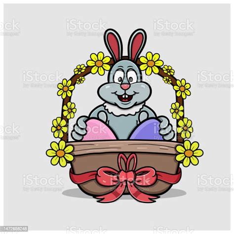 바구니 로고에 계란이 있는 마스코트 토끼 만화 행복한 부활절 테마 개념에 대한 스톡 벡터 아트 및 기타 이미지 개념 개념과 주제 계절 Istock