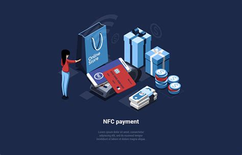 문자가 있는 벡터 일러스트레이션입니다 만화 3d 스타일의 등대 구성 개념적 디자인 Nfc 지불 쇼핑백 상점 단말기 기프트 박스 신용카드 기타 돈 관련 요소 근처 소매 소비자