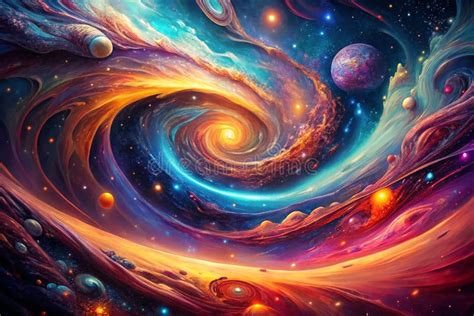 Colorful Swirling Galaxy Planets Cosmic Vortex Nebulae Background Stock Illustration