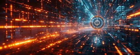 Futuristic Digital Data Stream With Glowing Orange And Blue Lights In A Virtual Space Stock