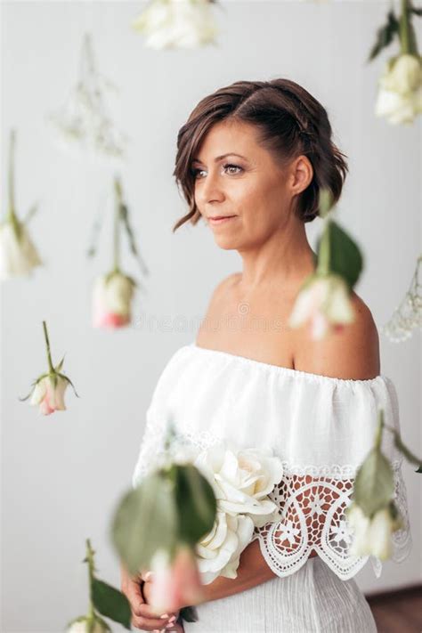 Beautiful Woman With Bob Haircut Posing In Studio Stock Image Image