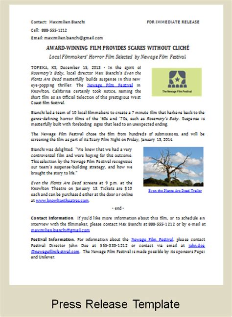 Film Press Release Template