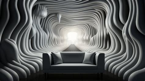 Modern White Couch In A Room With Wave Shaped Walls Illuminated By A Light Source Stock