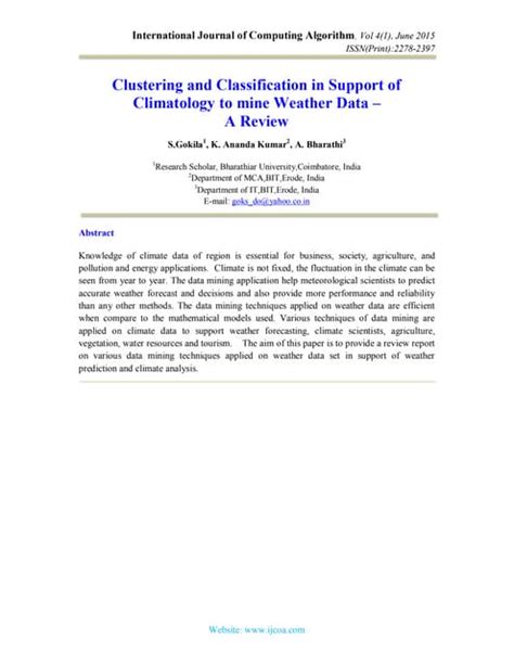 Clustering And Classification In Support Of Climatology To Mine Weather Data A Review Pdf
