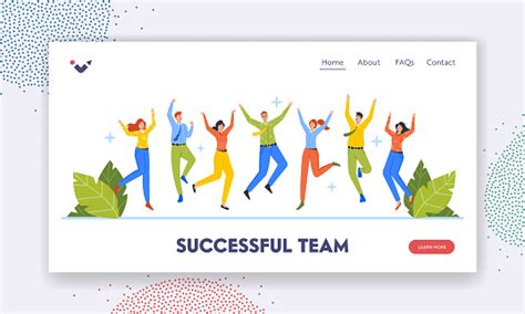 성공적인 팀 방문 페이지 템플릿 행복한 사람들 점프 젊은 즐거운 사무실 직원 또는 비즈니스 캐릭터 점프 개념에 대한 스톡 벡터 아트 및 기타 이미지 Istock