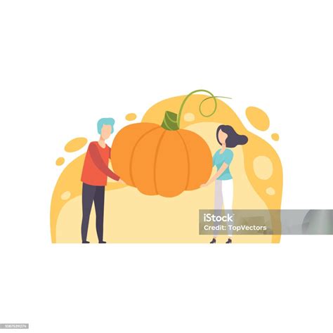 남자와 여자는 흰색 바탕에 거 대 한 익은 호박 벡터 일러스트 레이 션을 들고 귀여운에 대한 스톡 벡터 아트 및 기타 이미지 귀여운 길이 남자 Istock